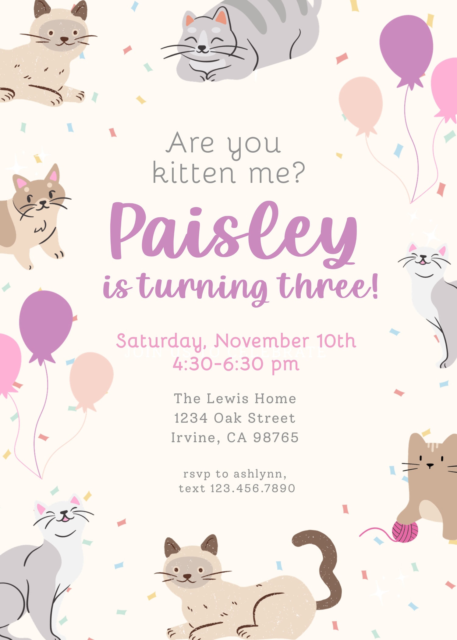 Cat Party Invite | Kitten Birthday Party Invite | Girls Birthday Party ...