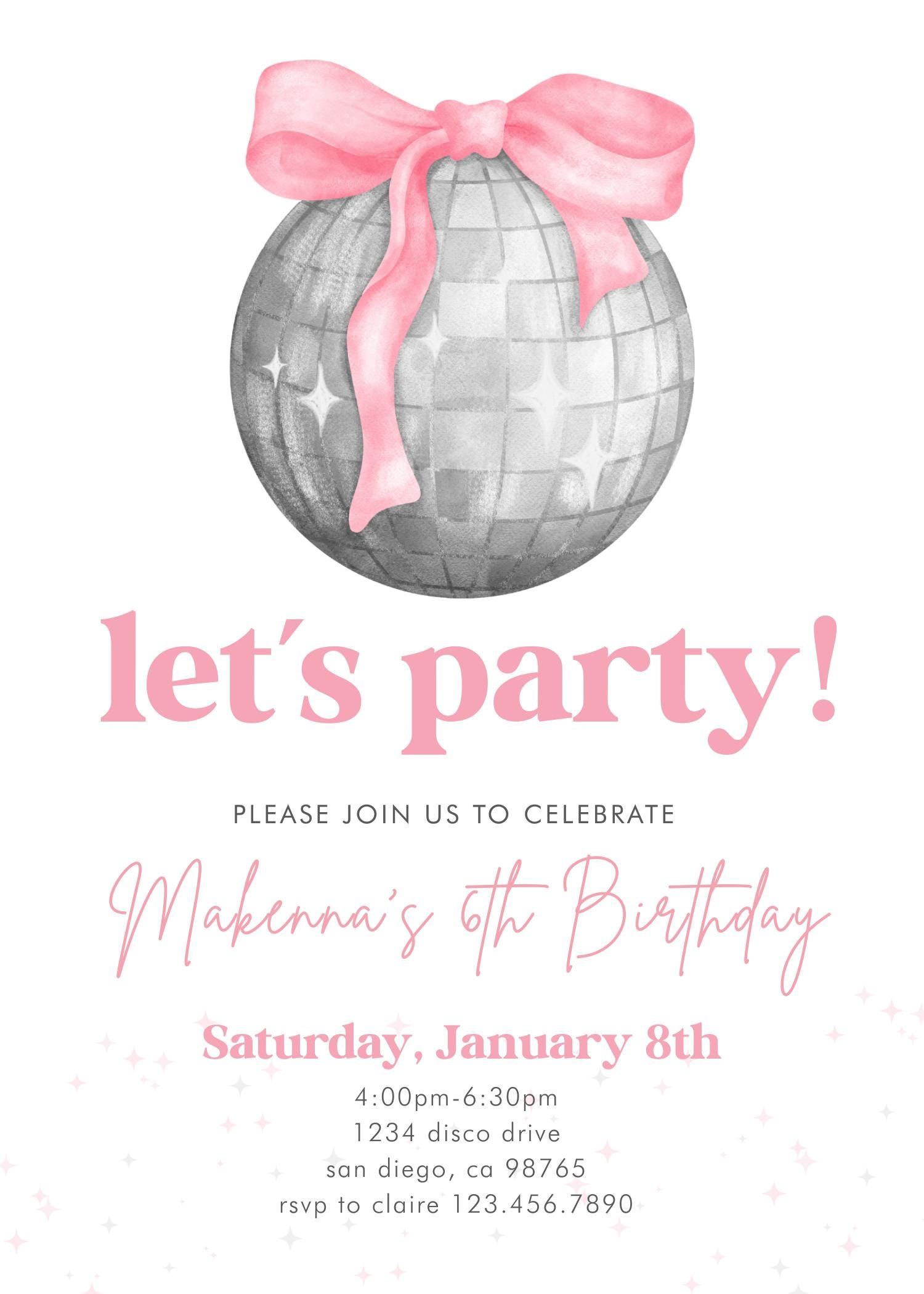 Cute Coquette Girly Pink Bow Disco Ball Birthday Invite | Disco Ball ...