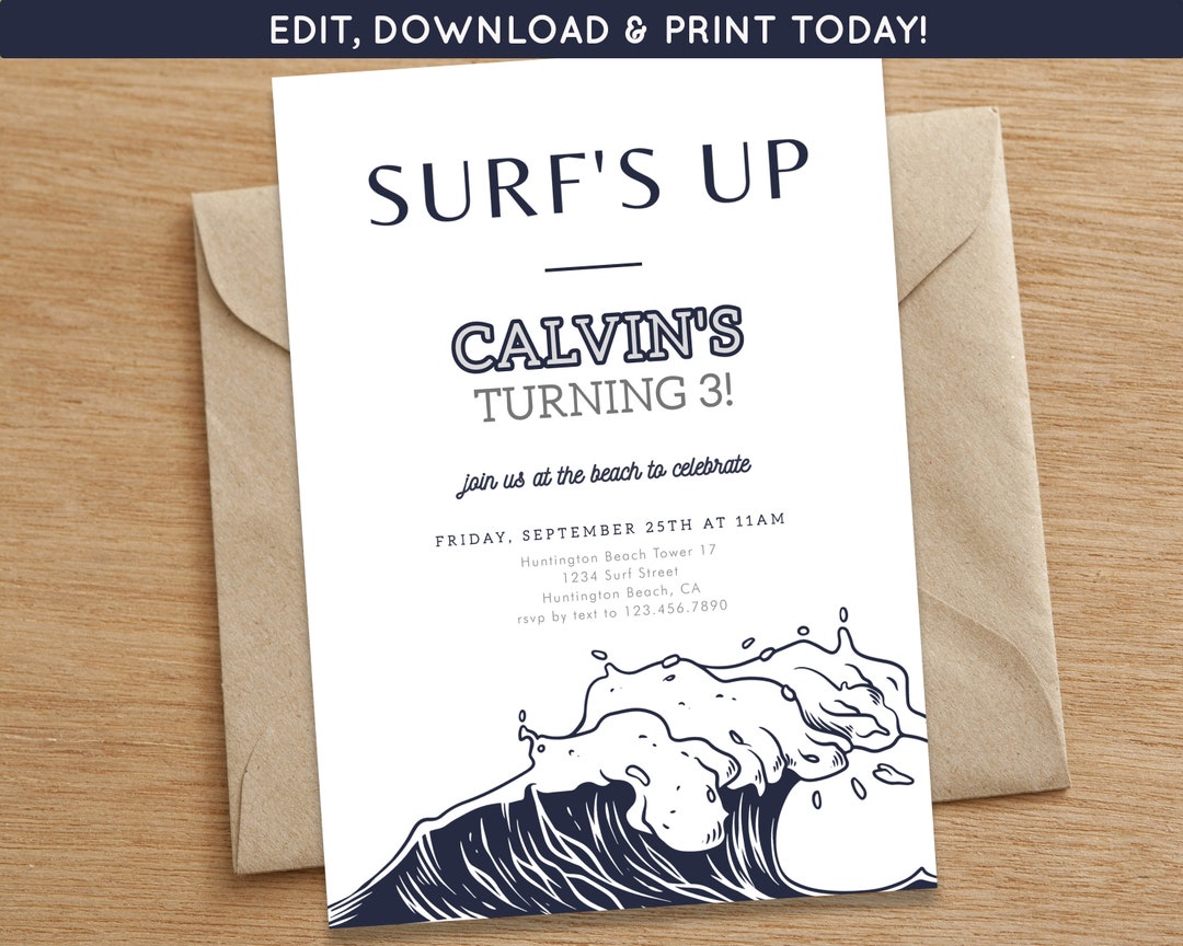 Surfs up Invite | Surf Beach Birthday Party Invite | Boys Birthday ...