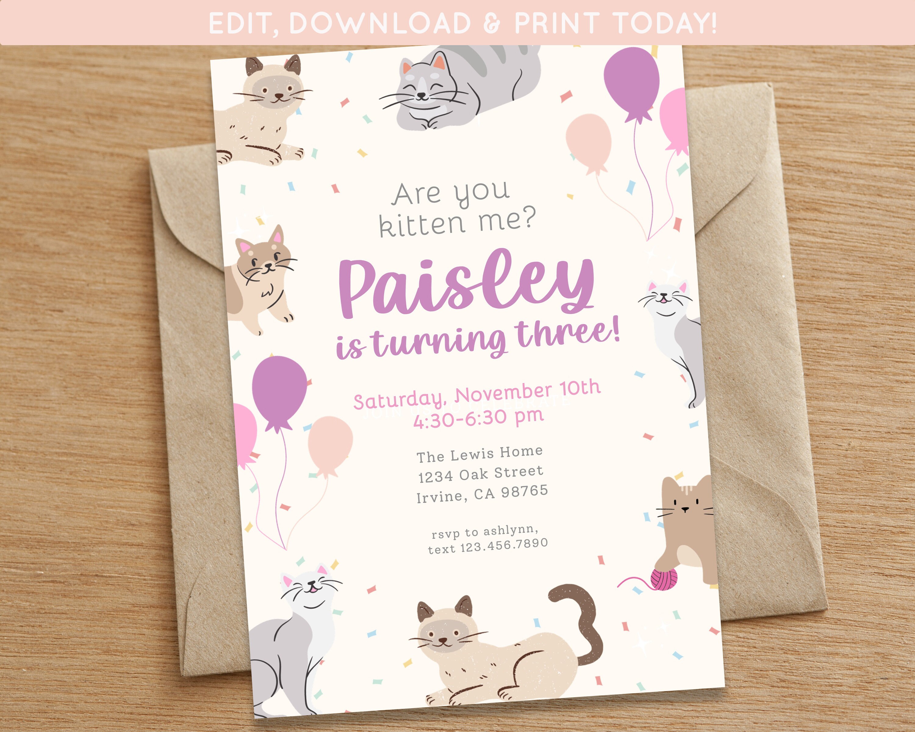 Cat Party Invite | Kitten Birthday Party Invite | Girls Birthday Party ...