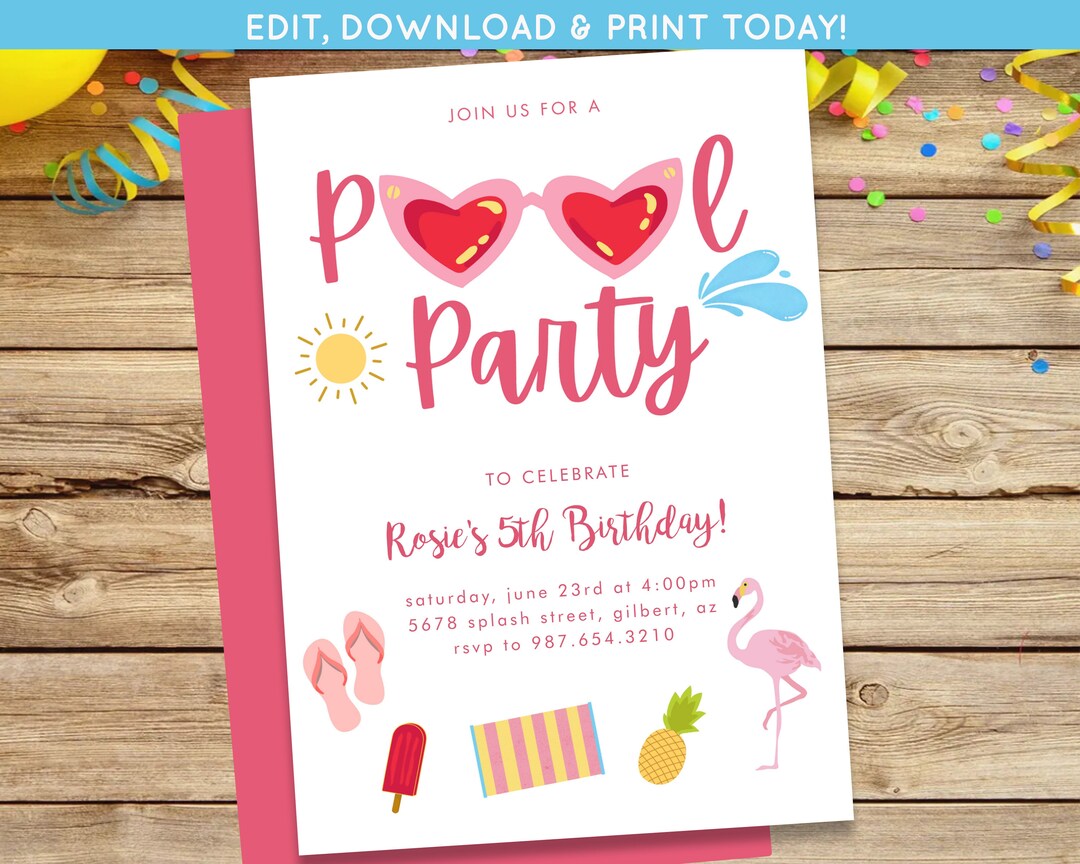 Summer Sunglasses Pool Party Birthday Invite | Summer Birthday Party ...