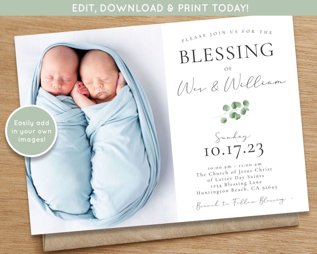 LDS Baby Blessing Invitation | Blessing Invitation Editable Twins ...