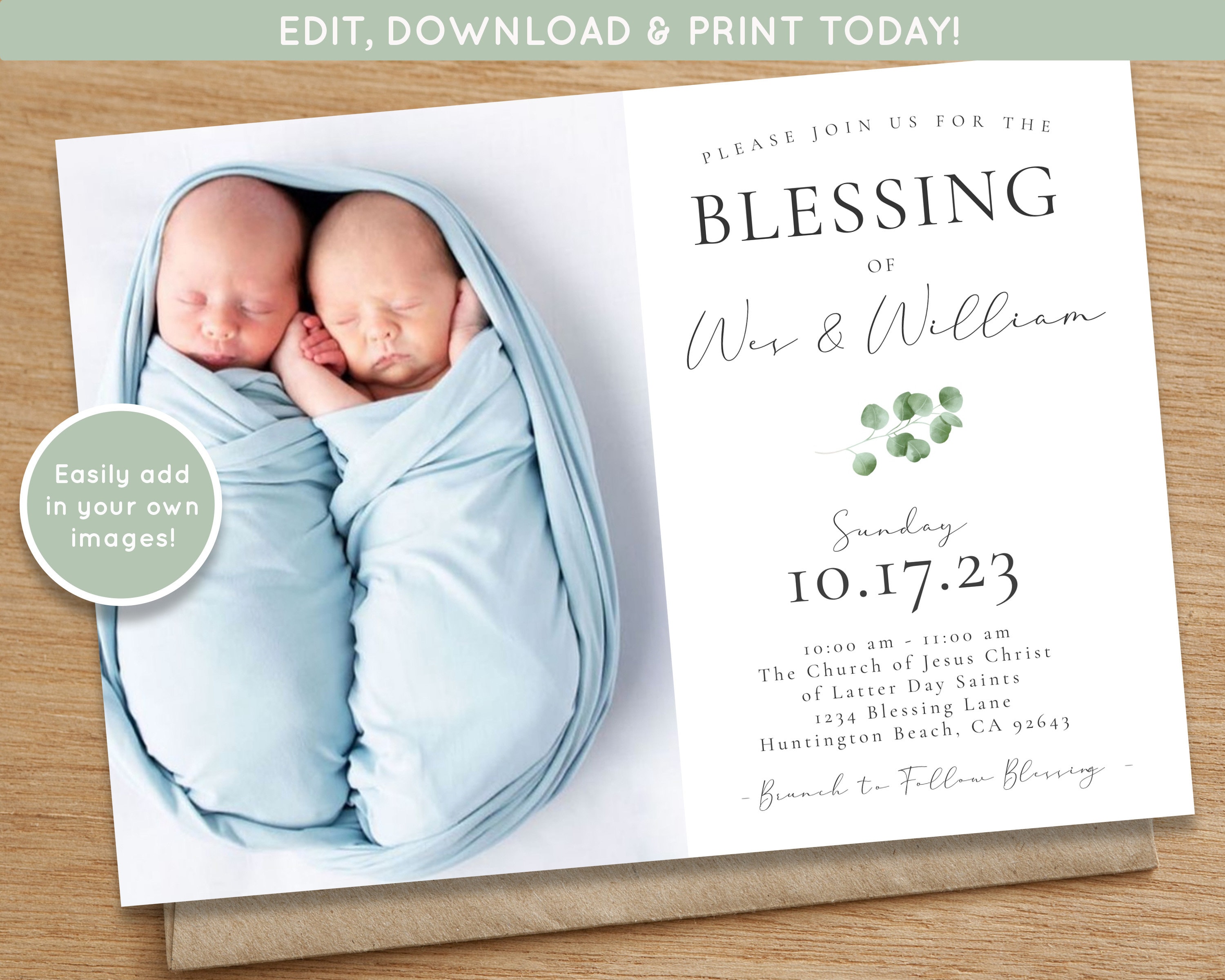 LDS Baby Blessing Invitation | Blessing Invitation Editable Twins ...