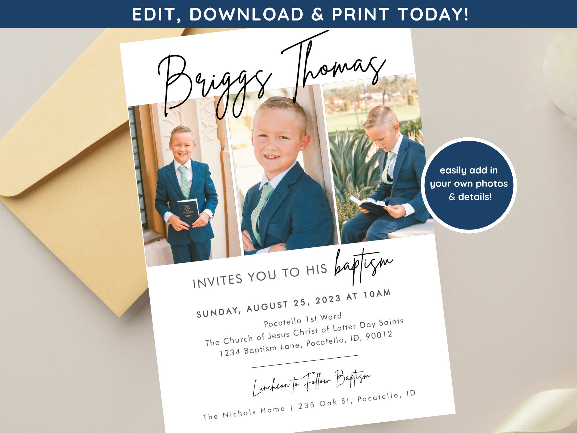 LDS Baptism Invitation Boy Baptism Invitation Template Editable Baptism ...