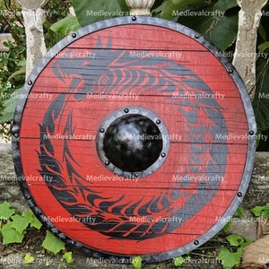 Viking Wooden Fire Dragon Round Shield Medieval Red Round Shield Combat ...