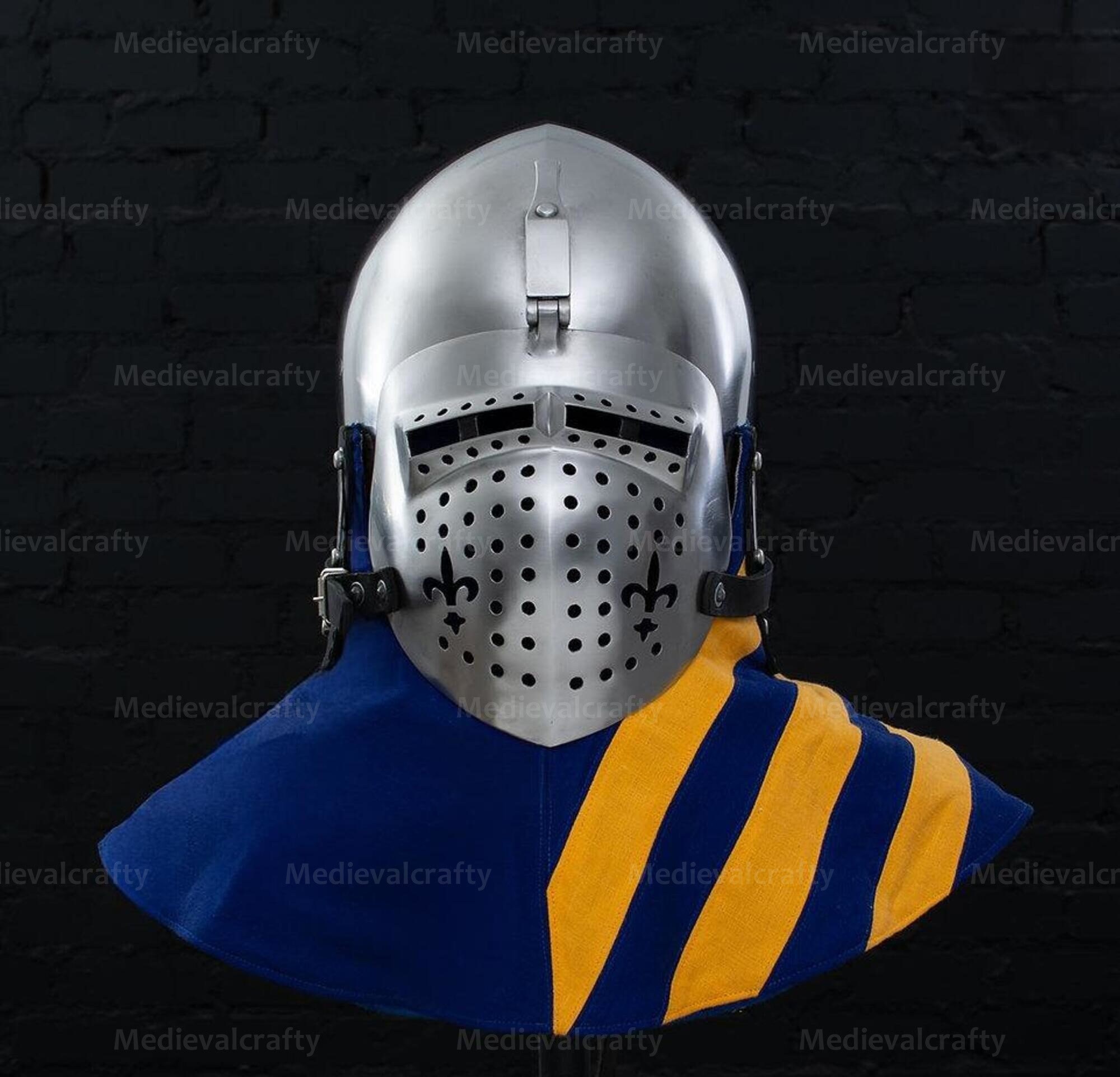 14GA Medieval Bacinet Helmet Medieval Wolf Ribs Medieval Bascinet Helmet Cross Visor Medieval ...