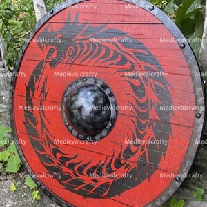 Viking Wooden Fire Dragon Round Shield Medieval Red Round Shield Combat ...