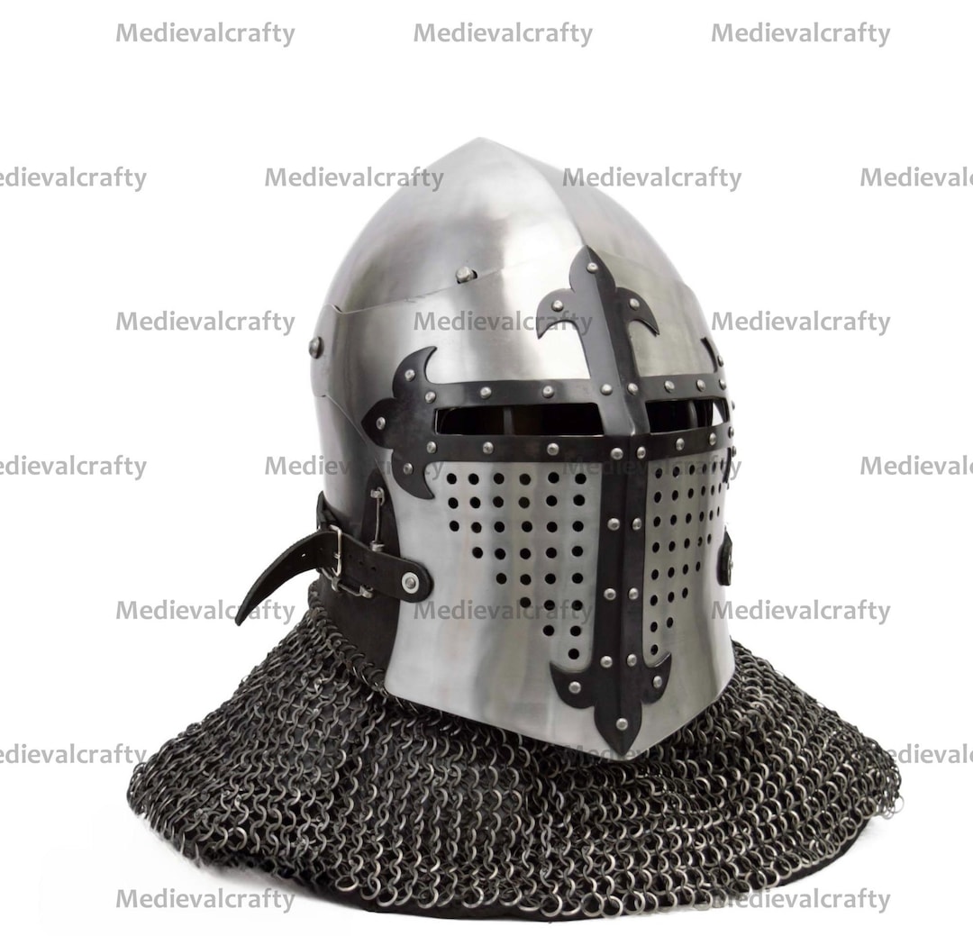16GA Medieval Guardian Combat Helmet Medieval Roa Bacinet Helmet With Black Cross Medieval Roa ...