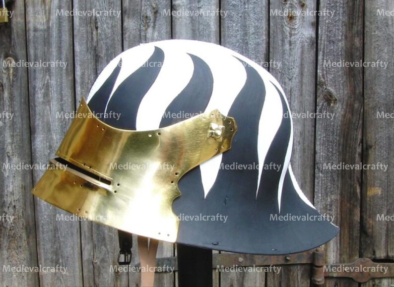 18 Gauge Medieval German Painted Helmet With Brass Plated Visor ...