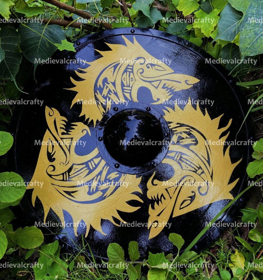 Viking Medieval Wooden Dragon Round Shield Larp Reenactments Shield ...