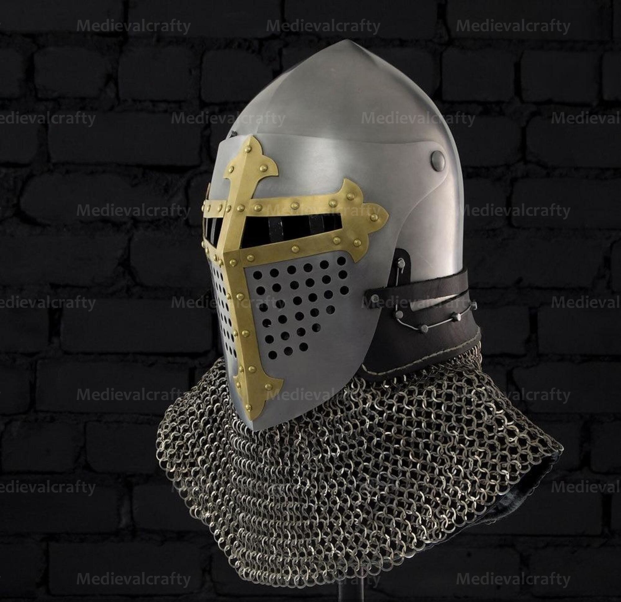 14 Gauge Medieval Bascinet ROA Helmet Medieval Visor Helmet Medieval Crusader Helmet With Brass ...