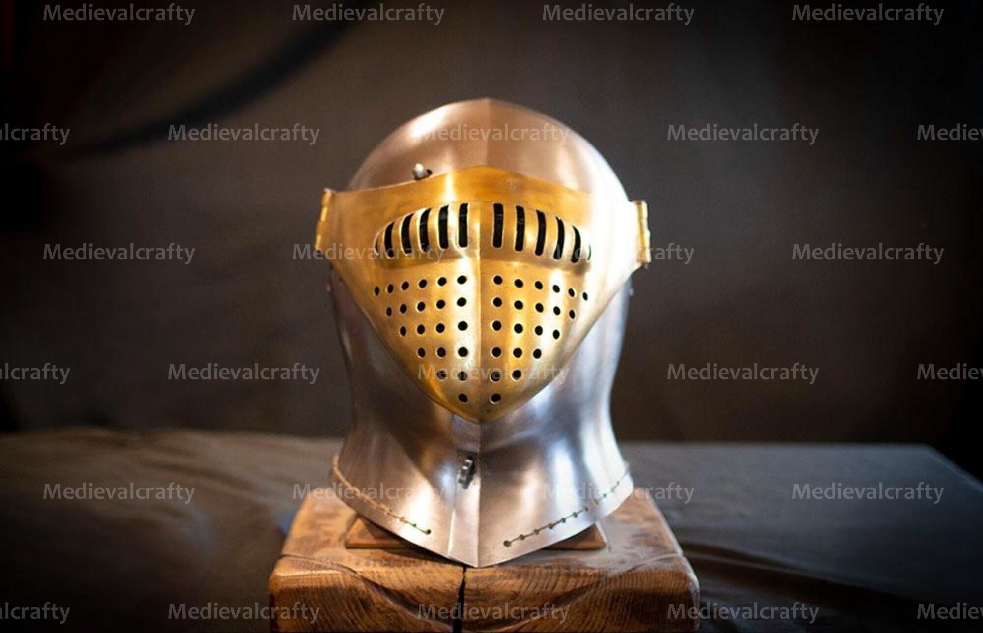 16GA Medieval Armet Closed Helmet With Golden Visor Medieval Viking ...