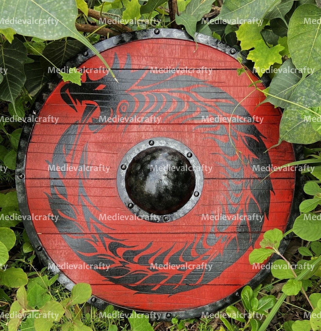 Viking Wooden Fire Dragon Round Shield Medieval Red Round Shield Combat ...