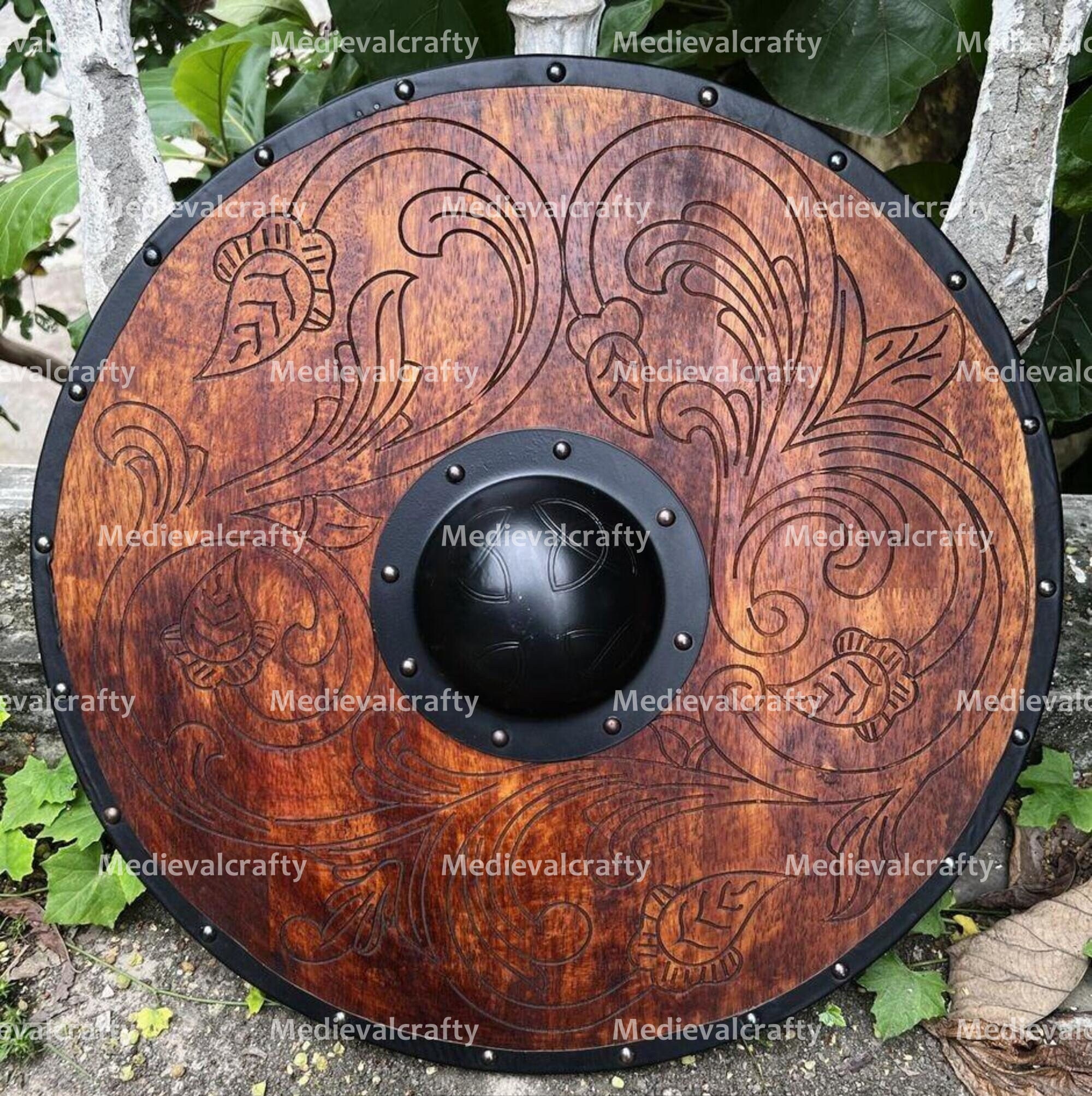 Wooden Viking Leaf Design Carving Shield Medieval Viking Fully Handmade ...
