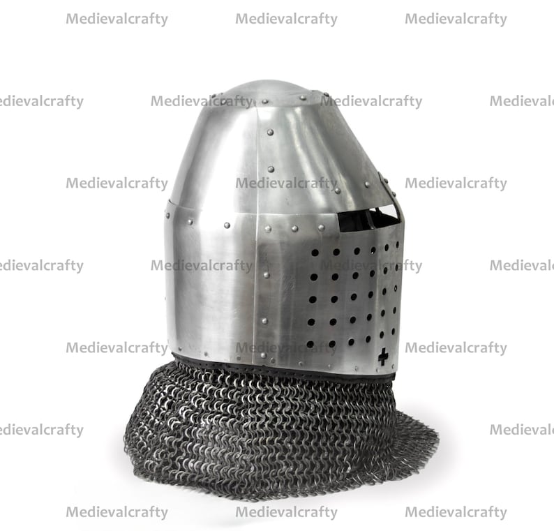 16 Gauge Medieval Great Helmet With Chainmail Gorget Medieval Crusader ...