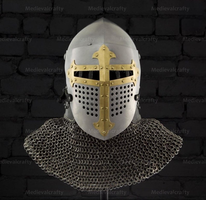 14 Gauge Medieval Bascinet ROA Helmet Medieval Visor Helmet Medieval Crusader Helmet With Brass ...