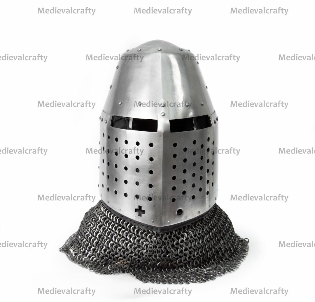 16 Gauge Medieval Great Helmet With Chainmail Gorget Medieval Crusader ...
