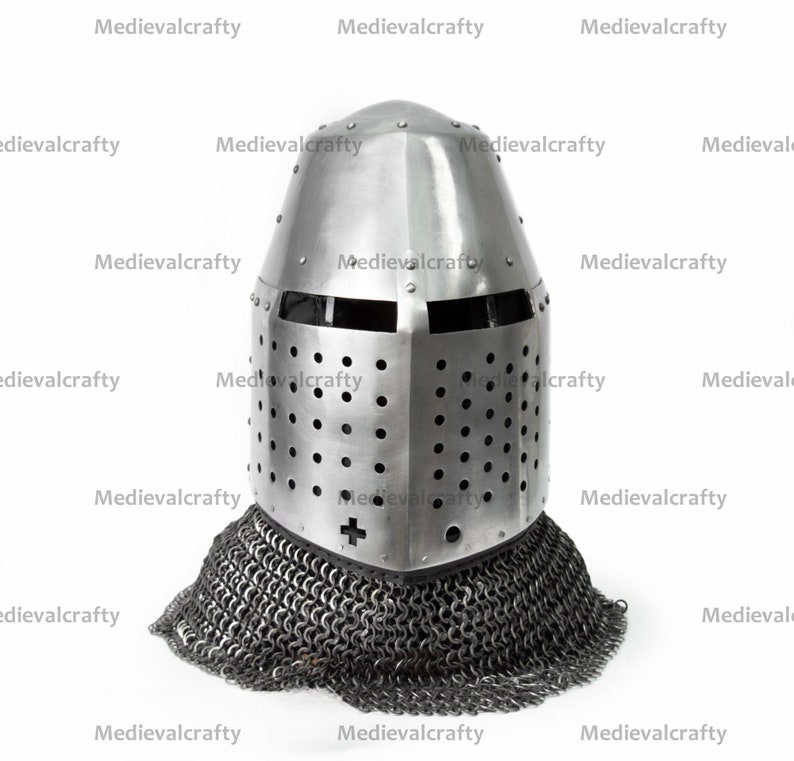 16 Gauge Medieval Great Helmet With Chainmail Gorget Medieval Crusader ...