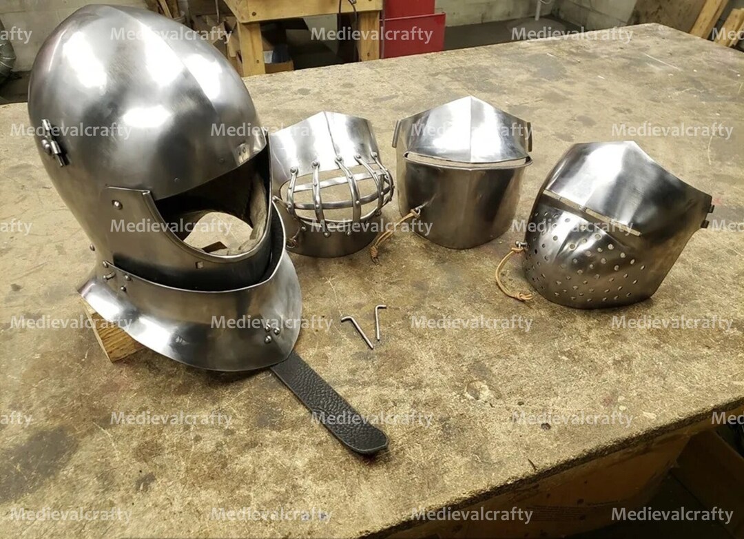 18 Gauge Steel Medieval Great Bacinet Helmet With 3 Visor Medieval Visor Jousting Helmet ...