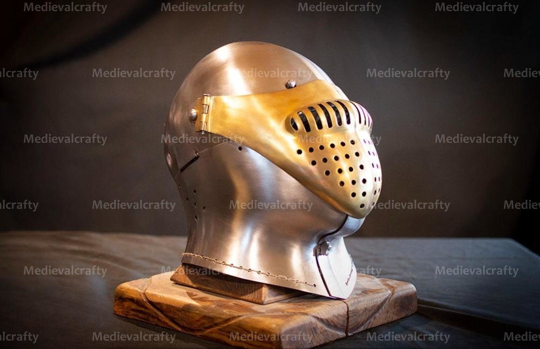16GA Medieval Armet Closed Helmet With Golden Visor Medieval Viking ...