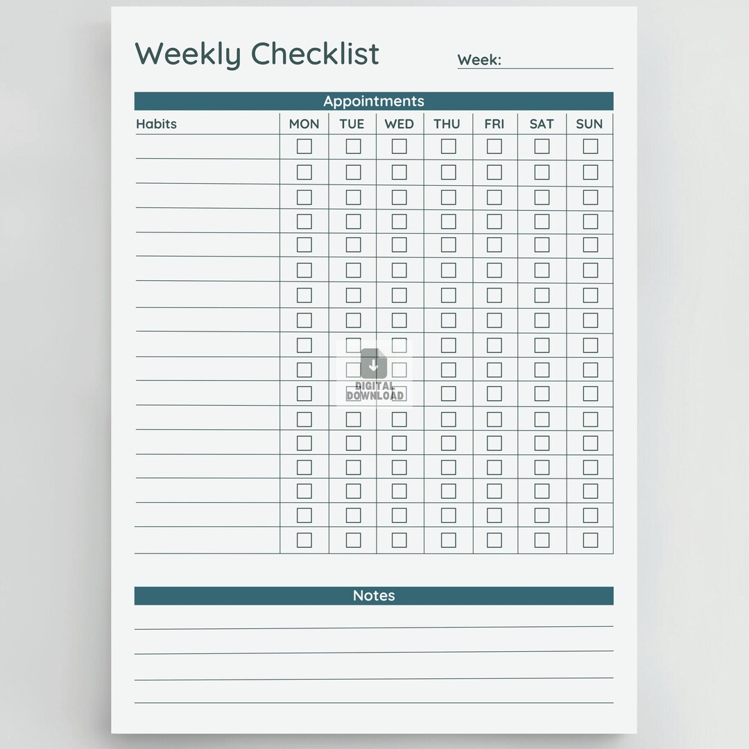 Weekly Checklist Planner Print Printable Instant Digital Download - Etsy