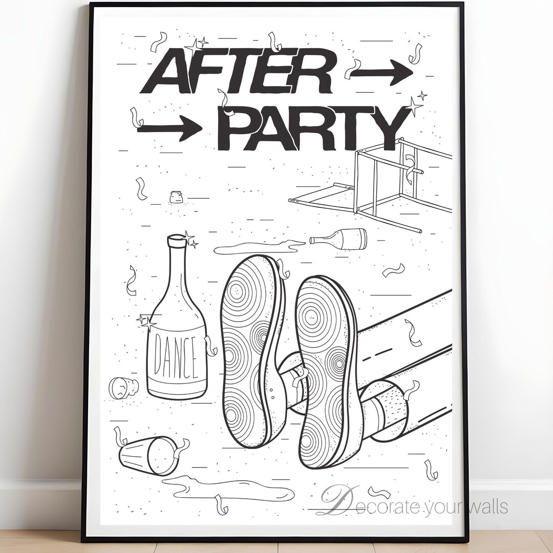 A Black and White Sketch of After Party-related Items Including A ...