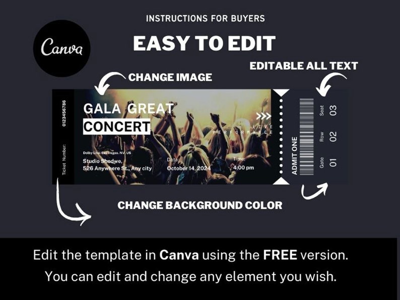 Editable Concert Ticket Template, Customizable Event Ticket Design ...