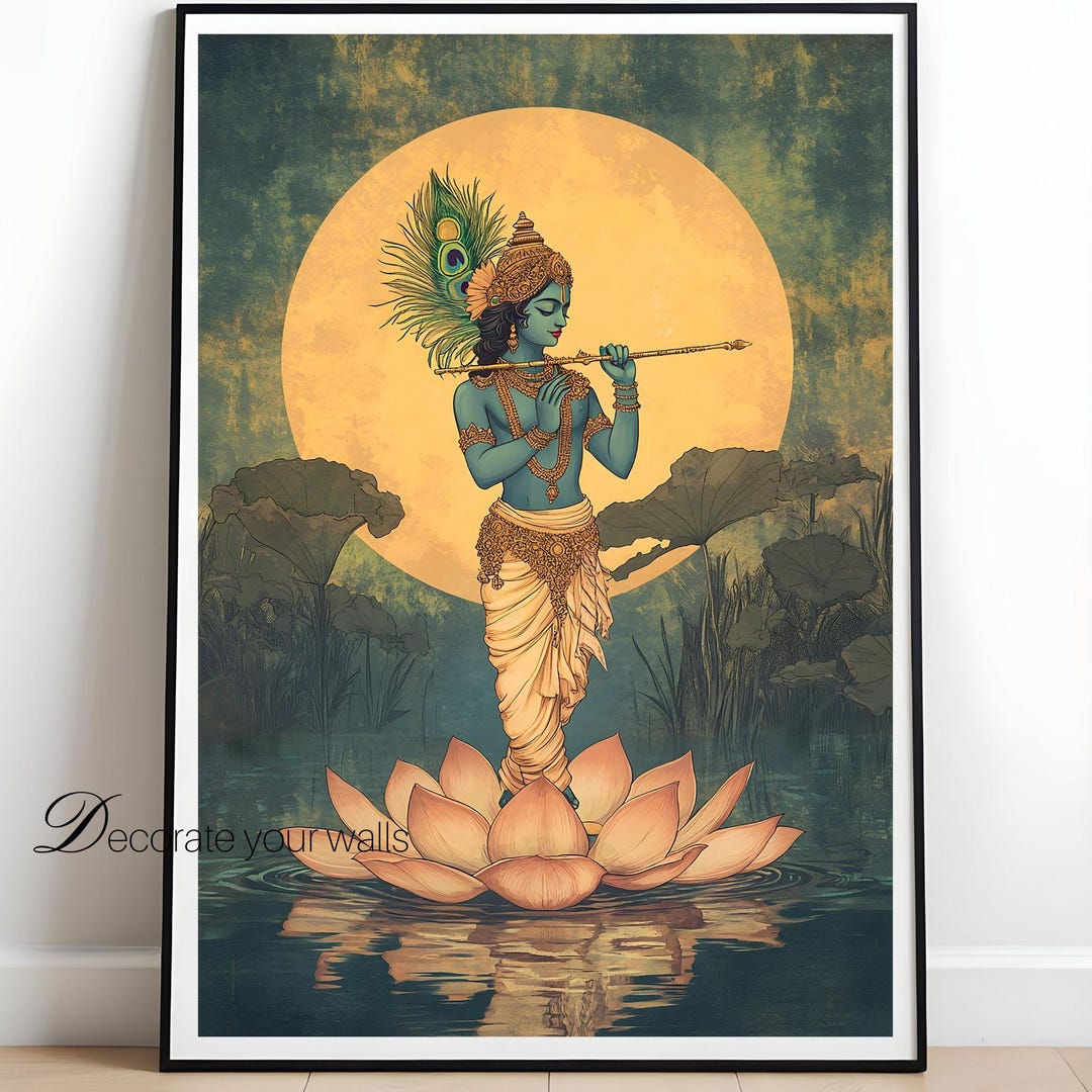 A Blue-skinned Male Figure With A Peacock Feather Headdress Playing A ...