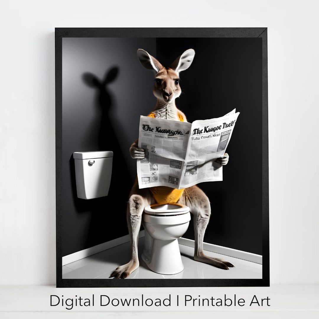 Kangaroo on Toilet Bathroom Print, Animal on Toilet Fun Bathroom Prints ...
