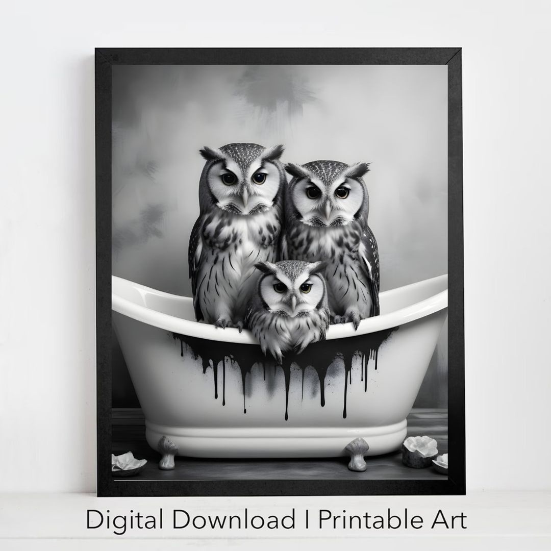 Owl in Tub Printable Wall Art, Owls Photo, Owl Art, Bathroom Art Print ...
