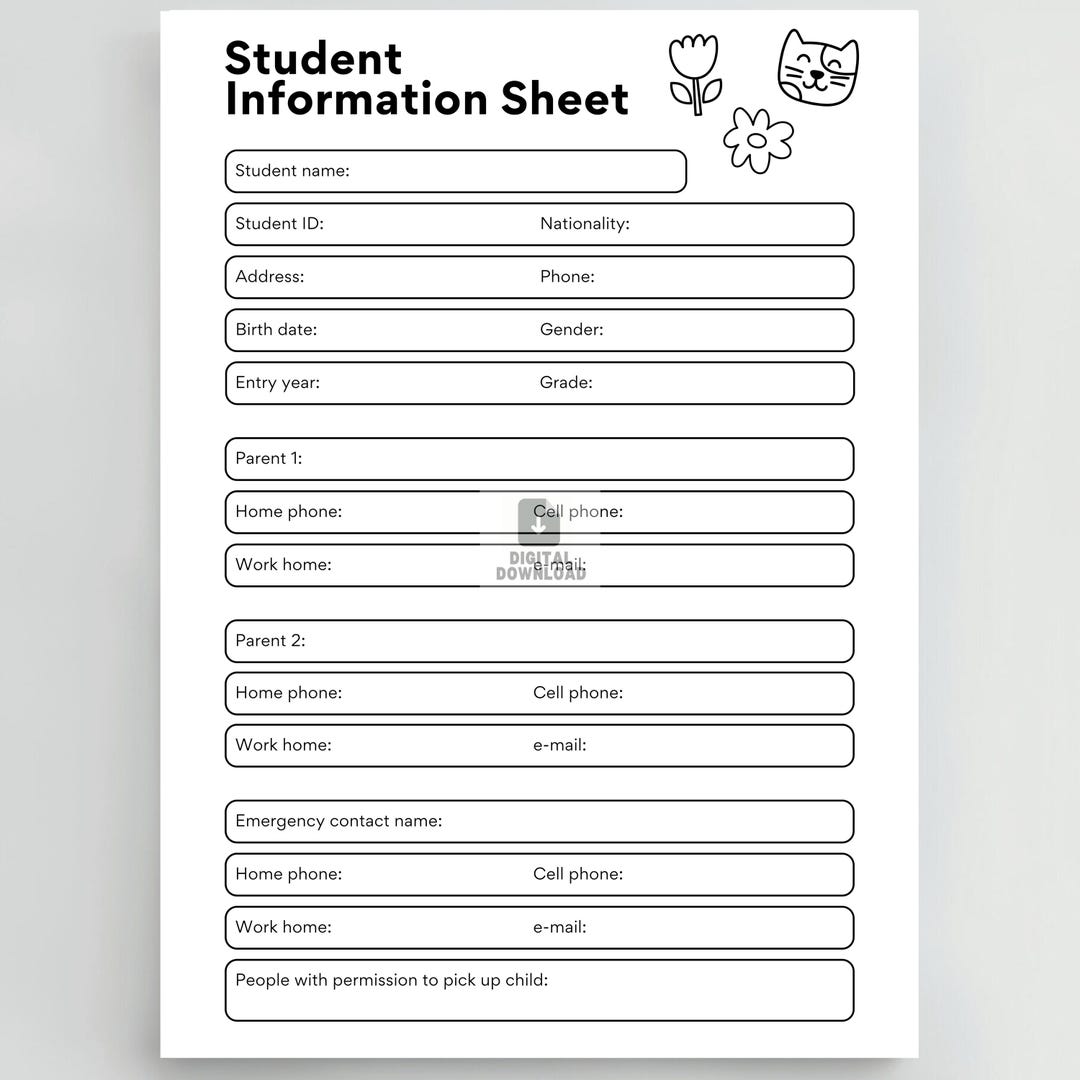 Student Information Sheet Print Printable Instant Digital Download - Etsy