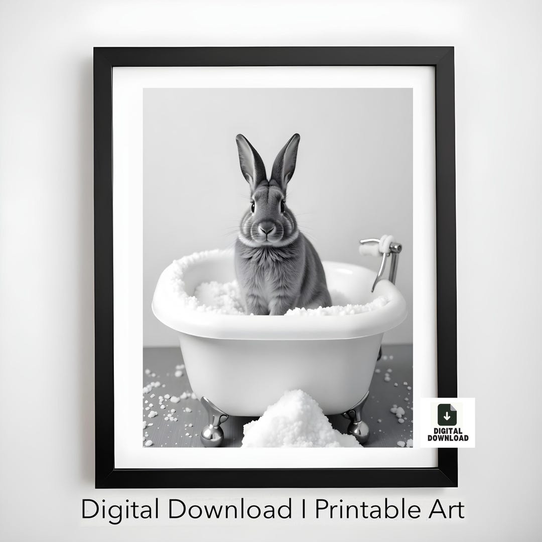 Rabbit in Tub Printable Wall Art, Rabbit Photo, Rabbit Art, Bathroom ...