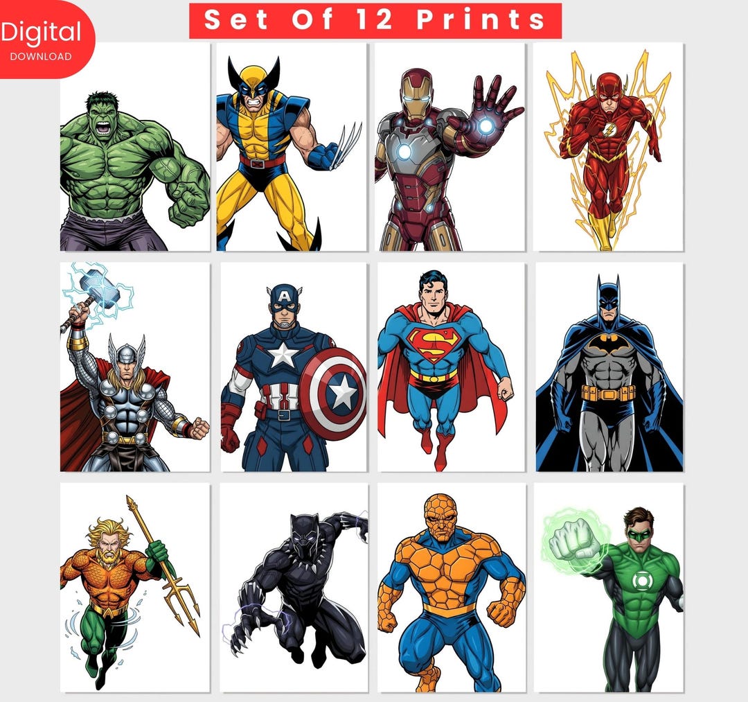 Superhero Wall Art, Set of 12 Prints, Superhero Prints for Little Boy ...