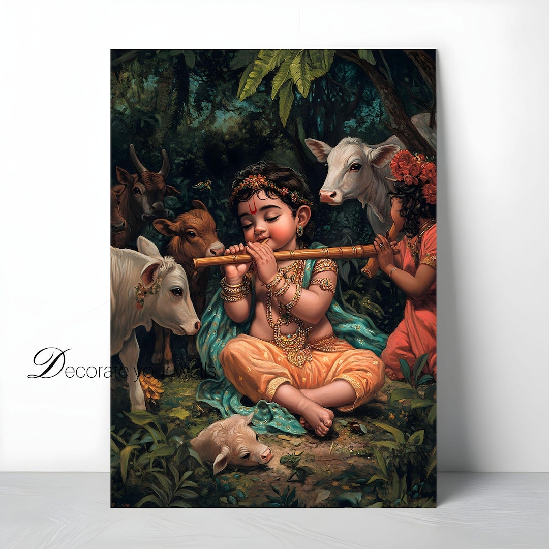 A Lord Krishna With Dark Curly Hair and A Golden Crown Playing A Flute ...