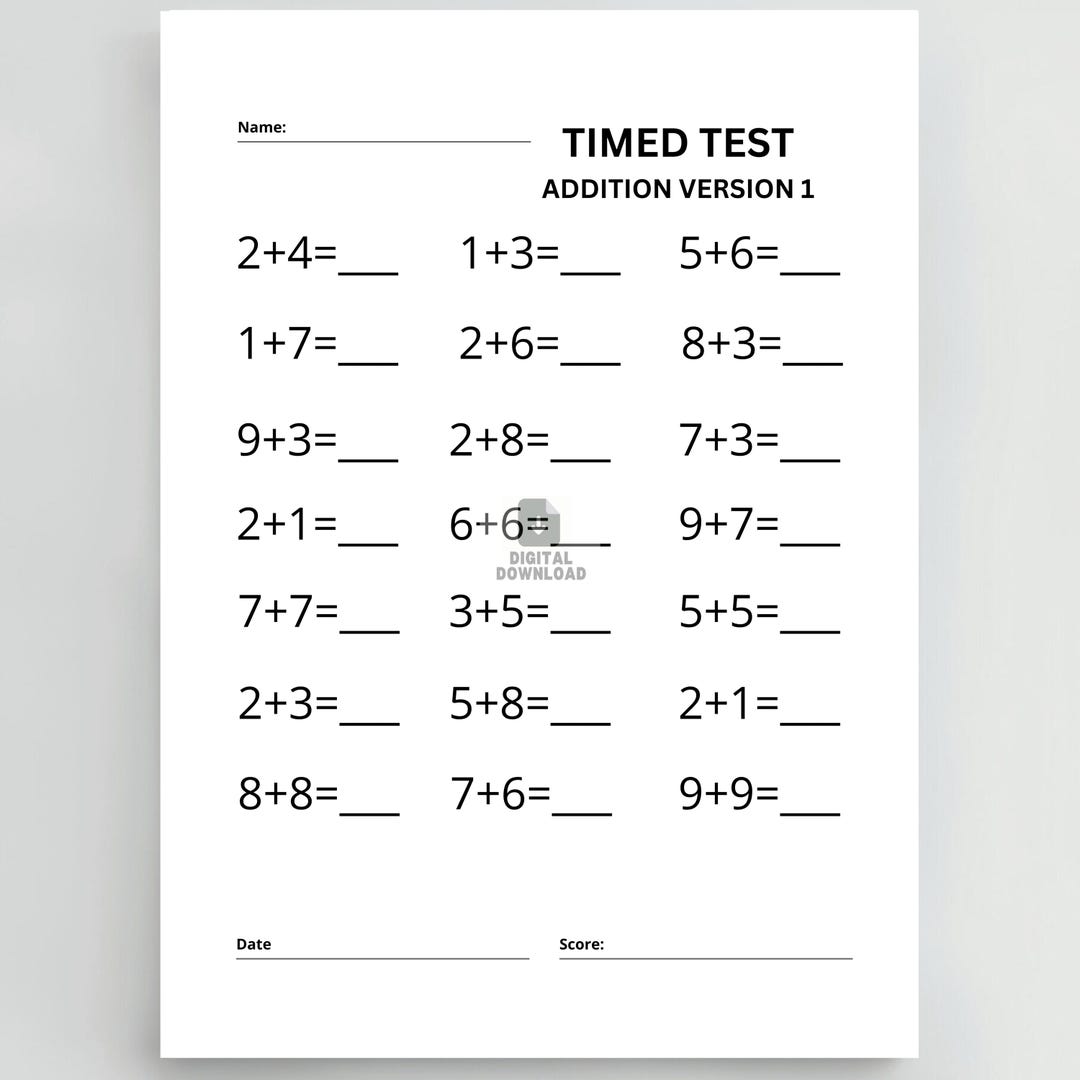 Addition Timed Test Math Worksheet Instant Digital Download - Etsy