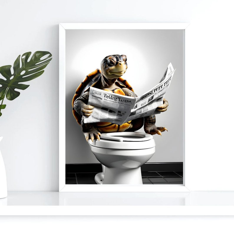 Tortoise on Toilet Bathroom Print, Animal on Toilet Fun Bathroom Prints ...