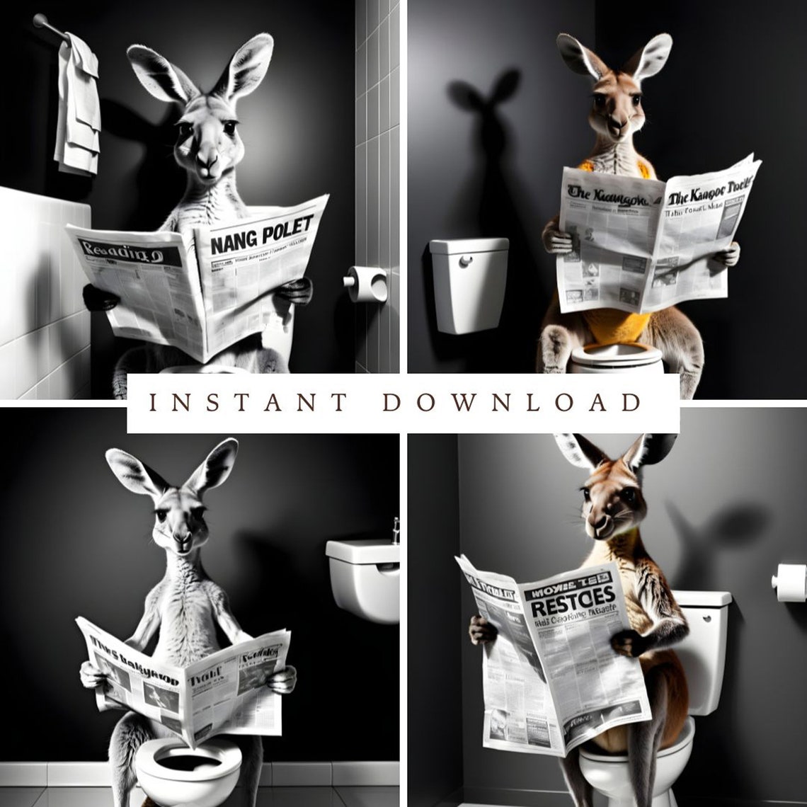 Kangaroo on Toilet Bathroom Print, Animal on Toilet Fun Bathroom Prints ...
