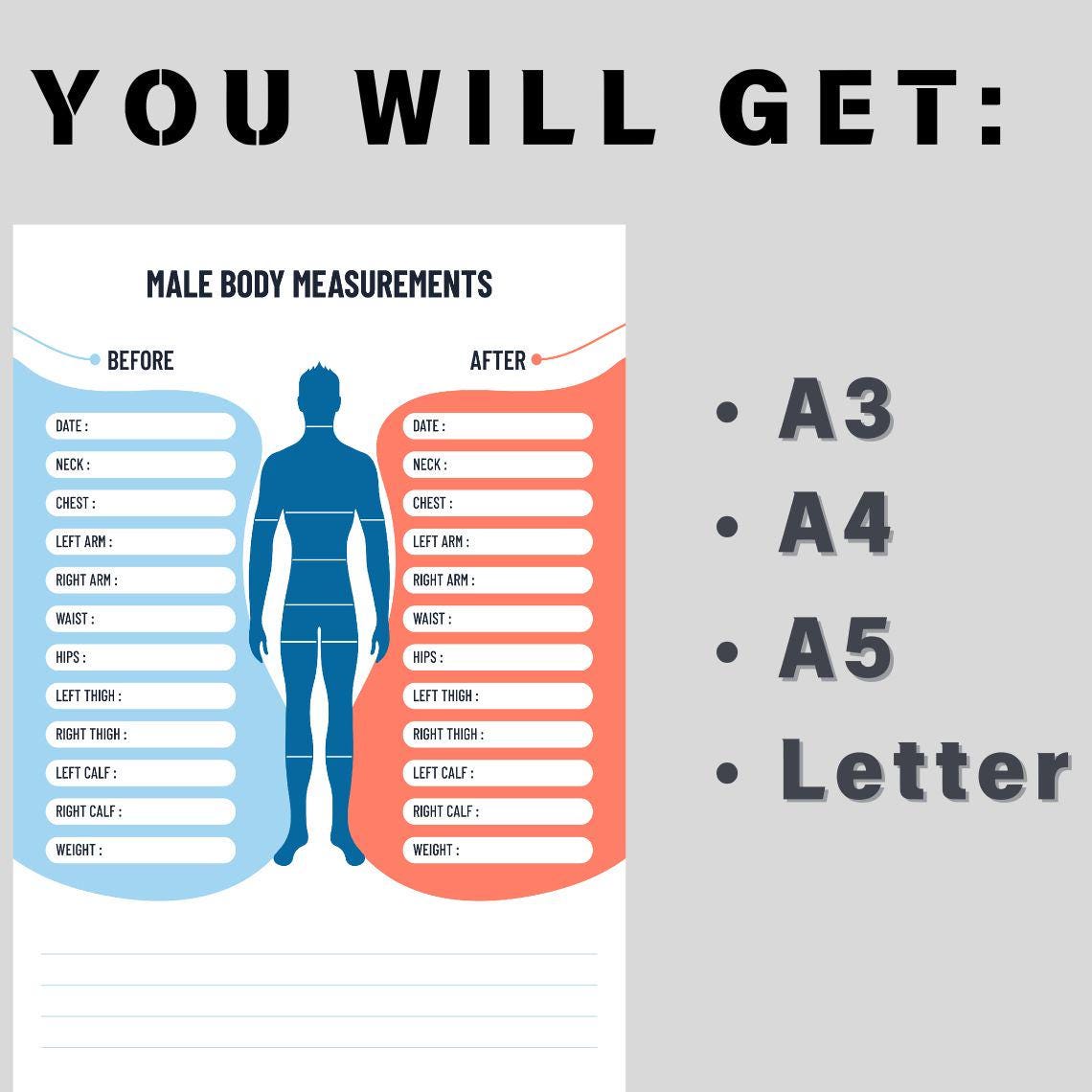 Male Body Measurements for Weight Loss, Body Measurements Tracker Chart ...