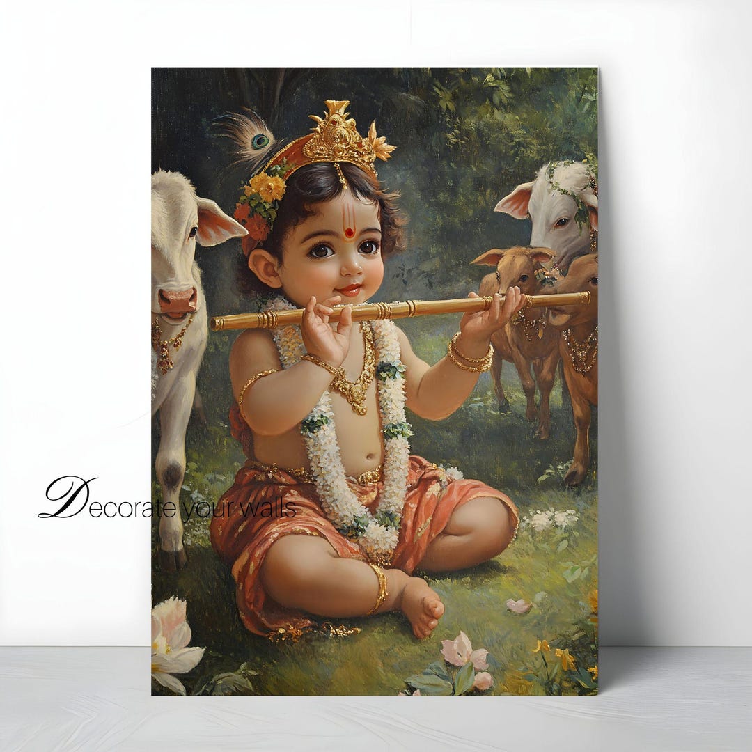 A Lord Krishna Dark Skin, Curly Hair, and A Golden Crown Sitting in A ...