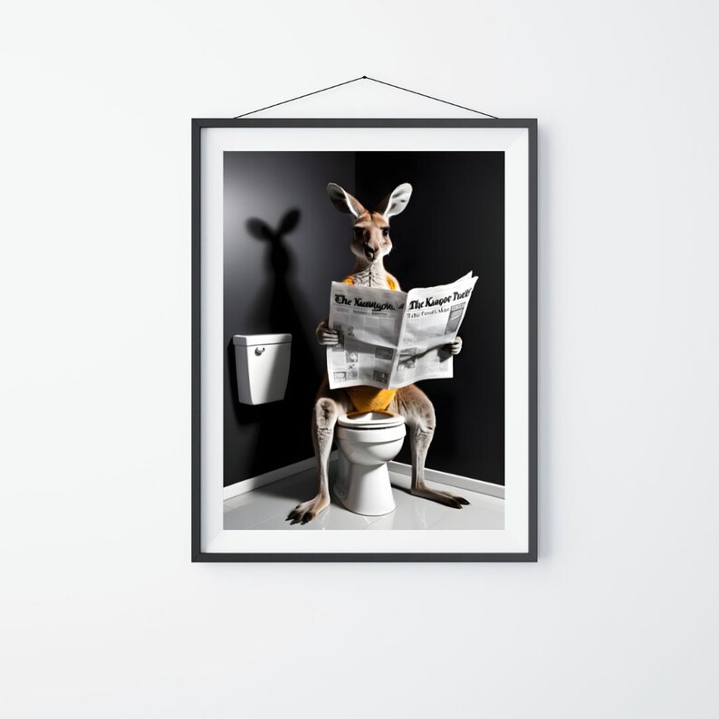 Kangaroo on Toilet Bathroom Print, Animal on Toilet Fun Bathroom Prints ...