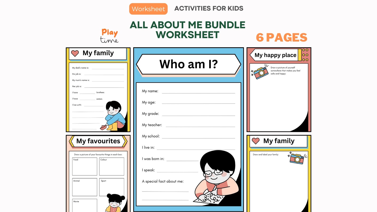 6 All About Me Bundle Worksheet, Who Am I, My Family, My Favourites, I ...