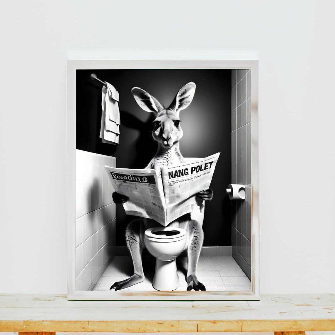 Kangaroo on Toilet Bathroom Print, Animal on Toilet Fun Bathroom Prints ...