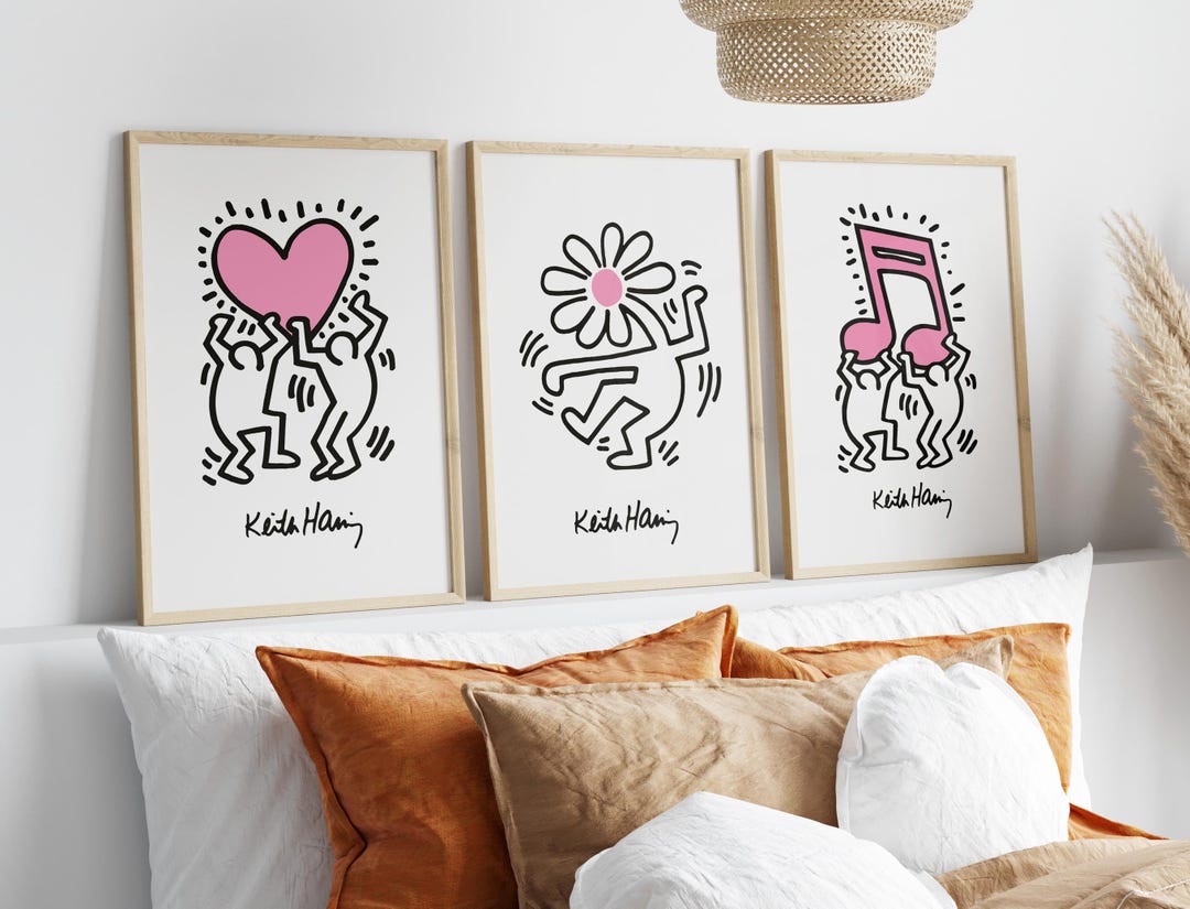 Set of 3 Haring Prints, Keith Haring Heart & Flower, Pink Flower Market ...