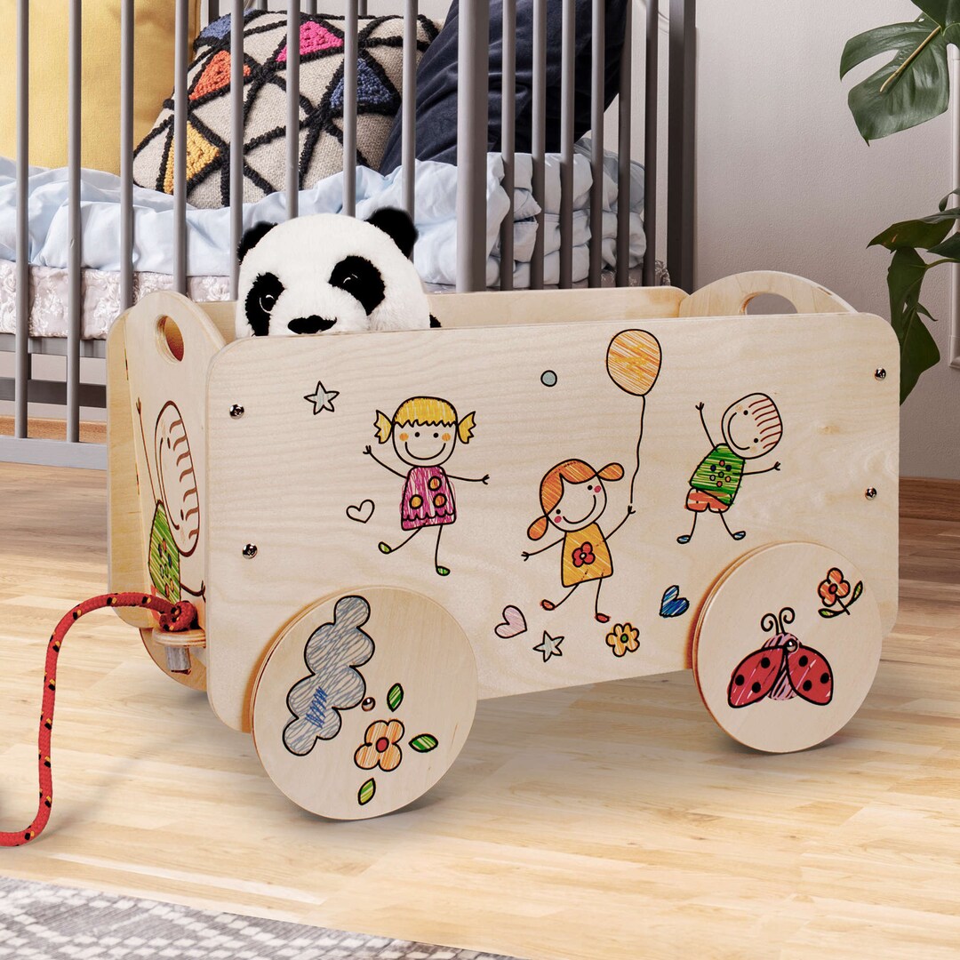 Wooden Pull Cart happy Kids Toy Storage With Wheels, Montessori Method ...