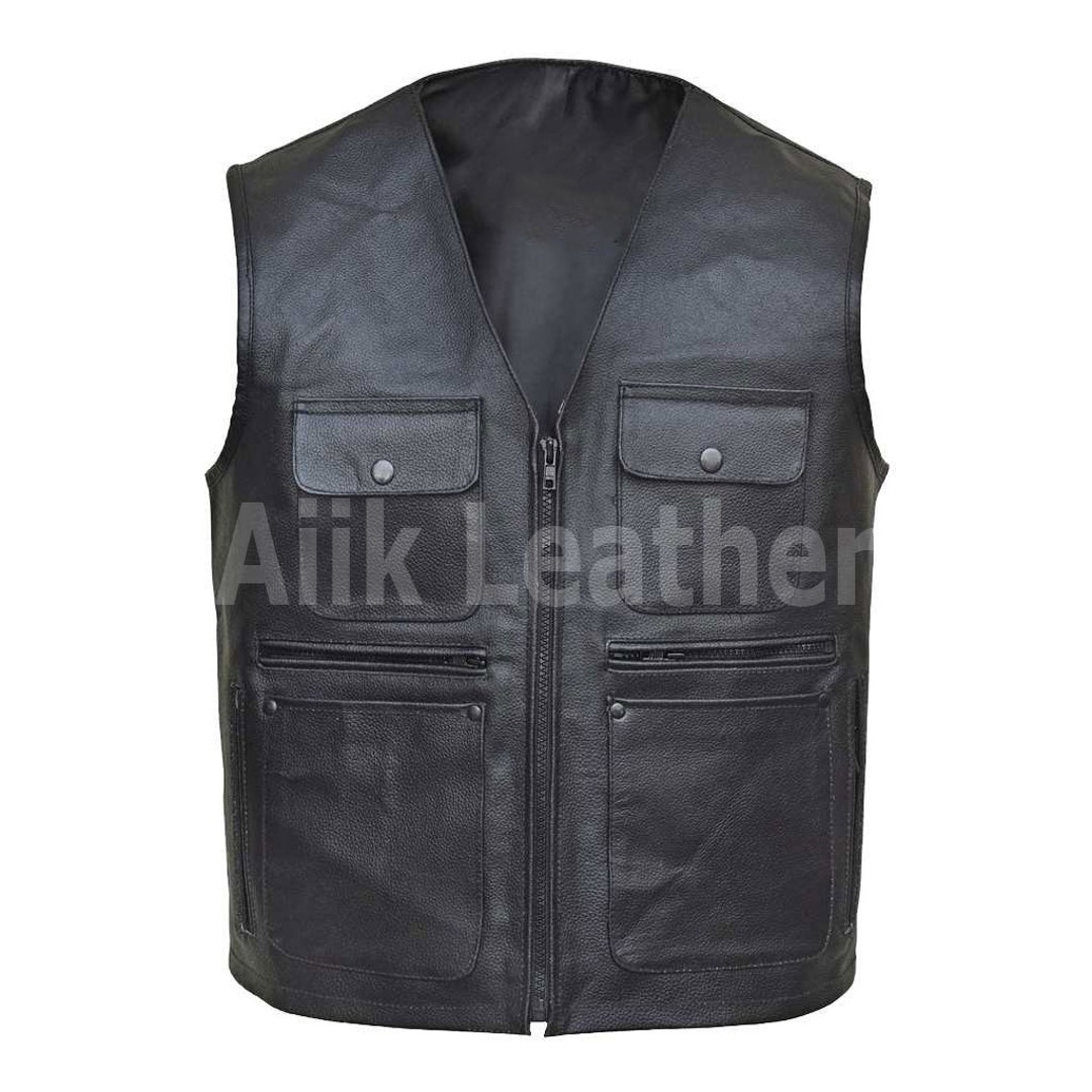 Genuine Cowhide Leather Vest With Multi Pockets Fisherman Tactical ...