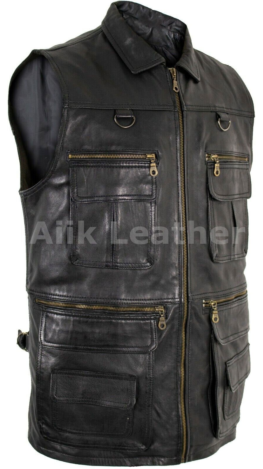 Men's Black Lamb Nappa Leather Vest Soft Leather Casual Vest Outdoor ...