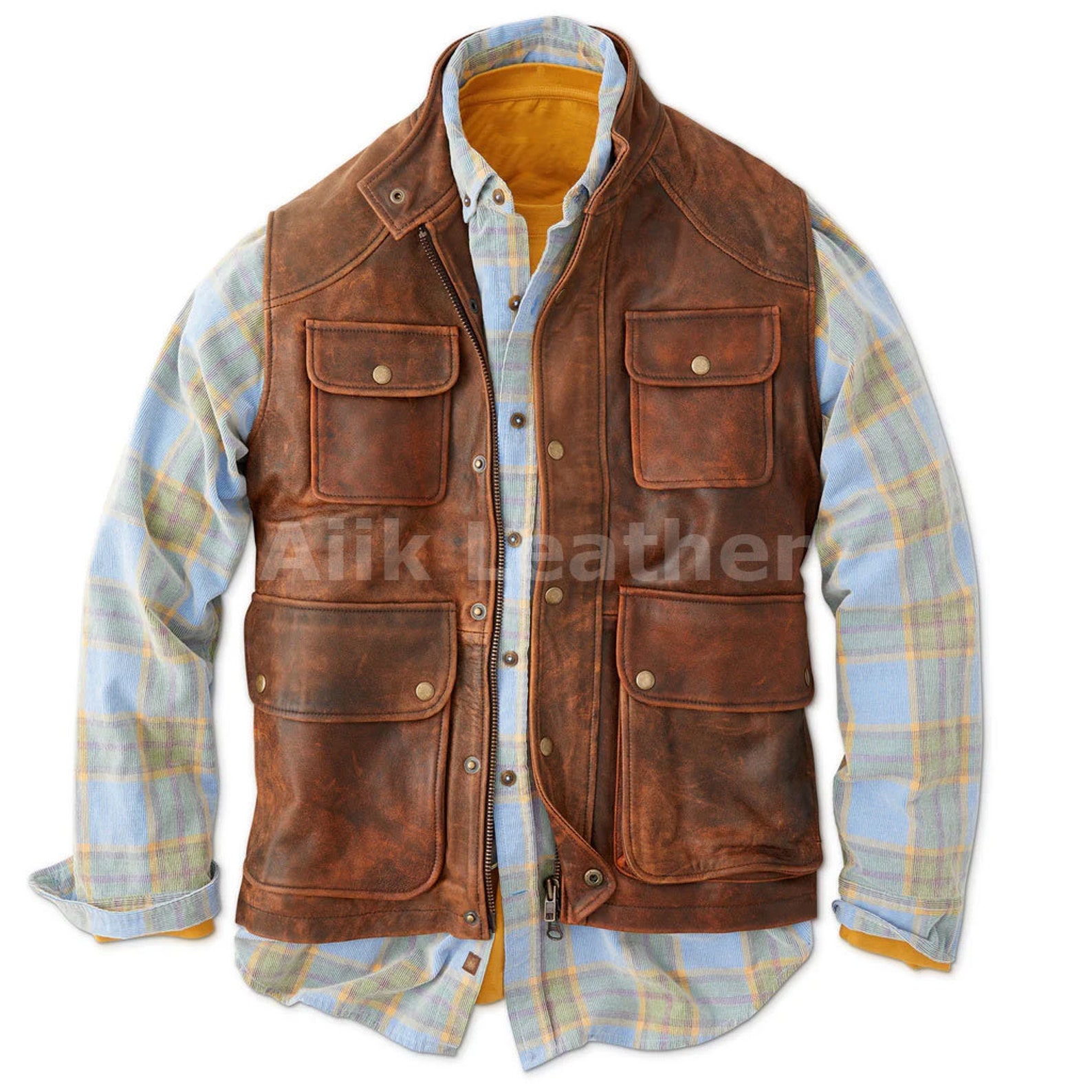 Men Vest Genuine Cowhide Leather Vest With Multi Pockets Fisherman ...