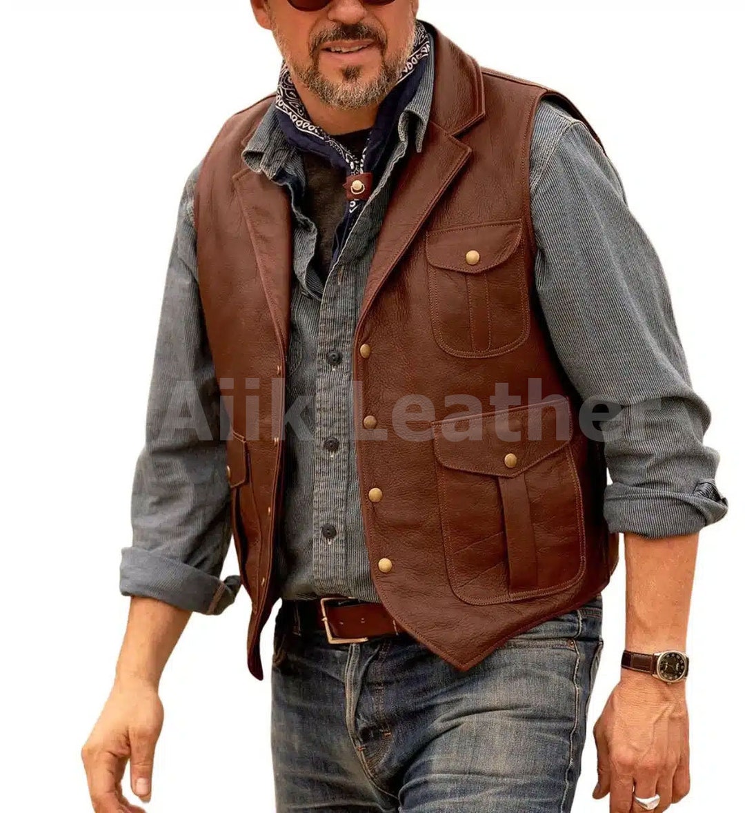 Men Genuine Cowhide Leather Western Sleeveless Vest Brown Leather Men's ...