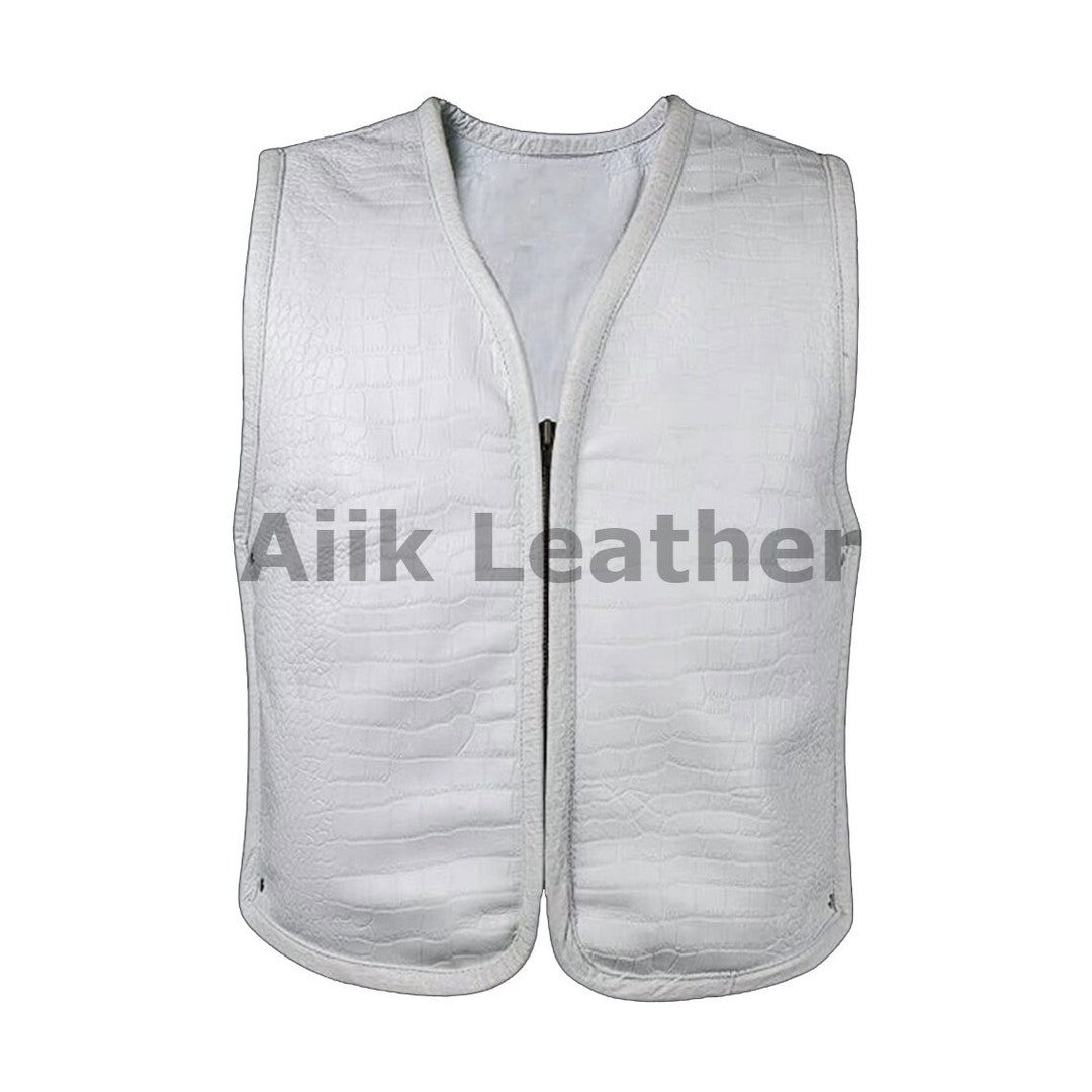 White Alligator Embossed Leather Vest, Motorcycle White Leather Vest ...
