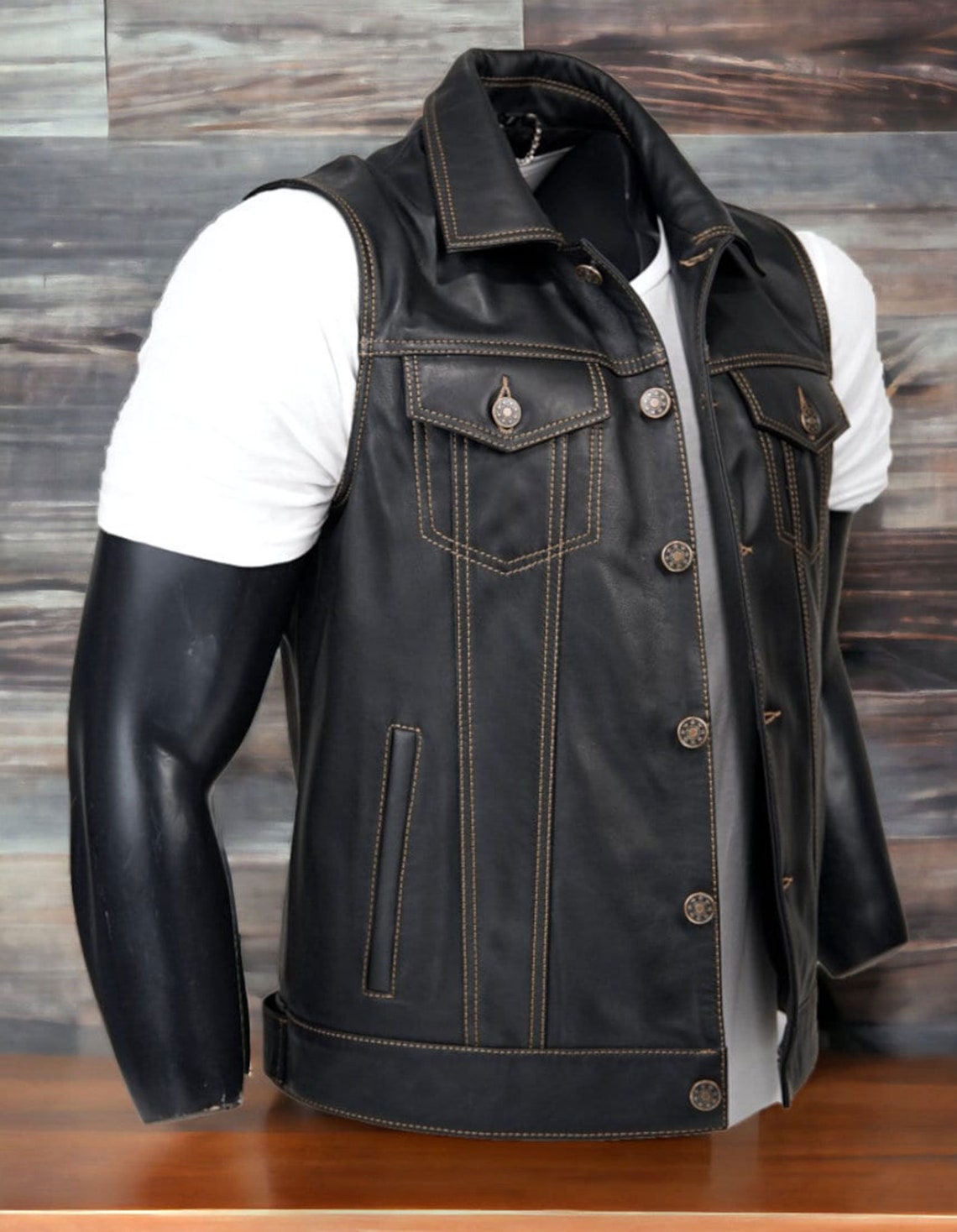 Leather Vest Hunt Club Style Leather Denim Vest Custom Motorcycle Biker ...
